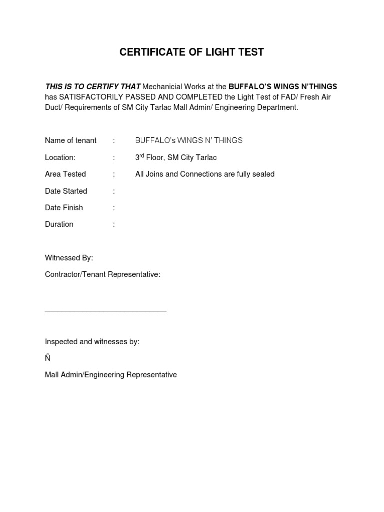 Certificate of Light Test | PDF