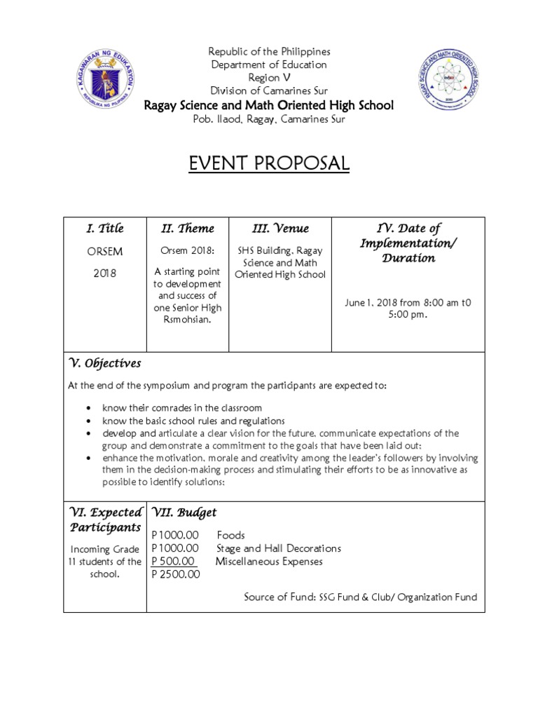 Event Proposal: Ragay Science and Math Oriented High School | PDF ...