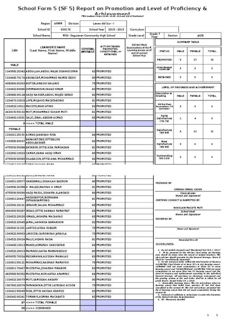 SF5 2018 Grade 7 (Year I) - JADE | PDF | Behavior Modification | Cognition