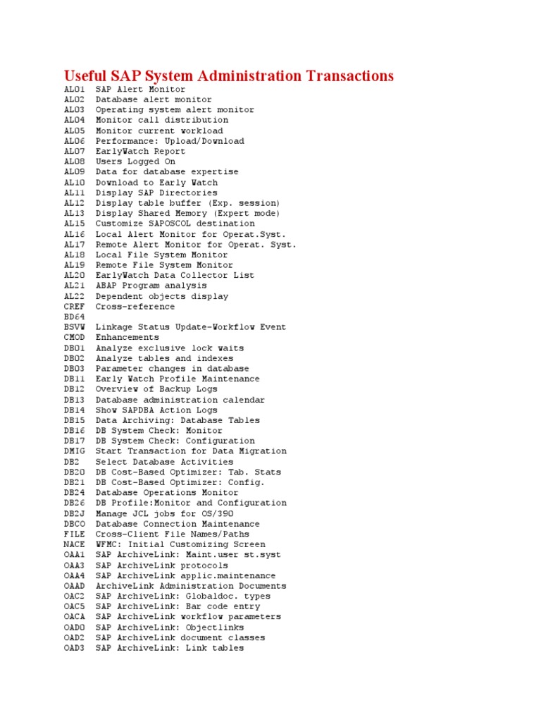 Useful SAP System Administration Transactions | PDF | Databases | Data Management