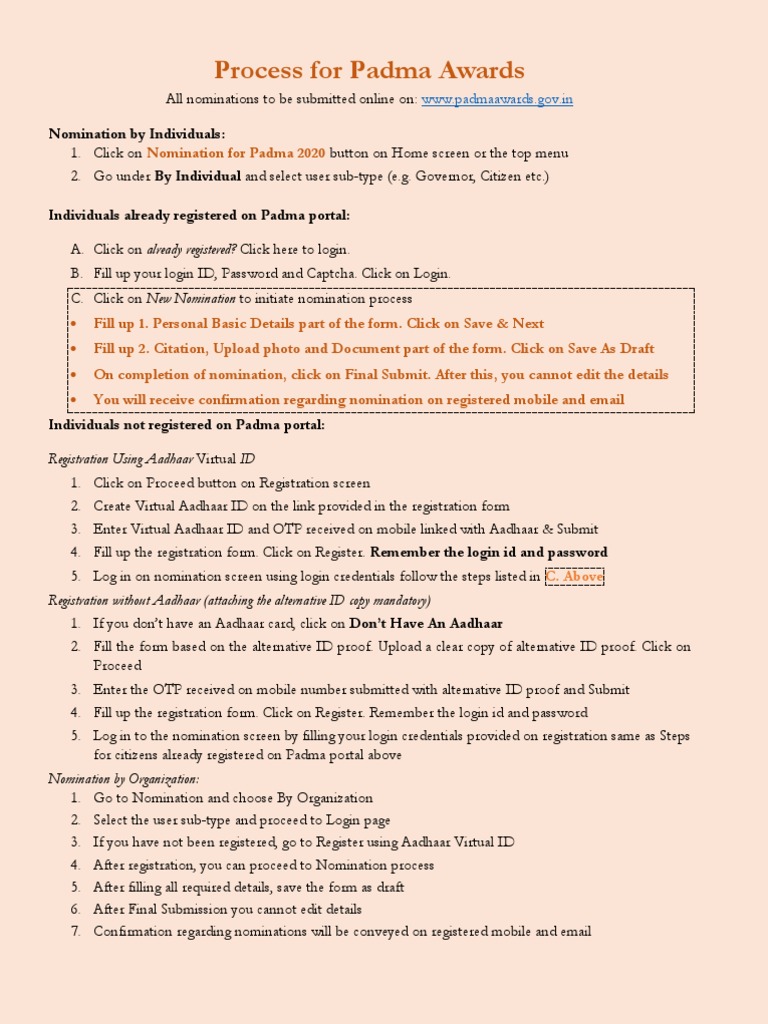 Process For Padma Awards | Download Free PDF | Login | Password