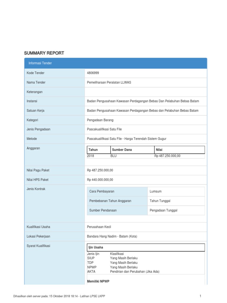 Contoh Summary Repot LPSE | PDF