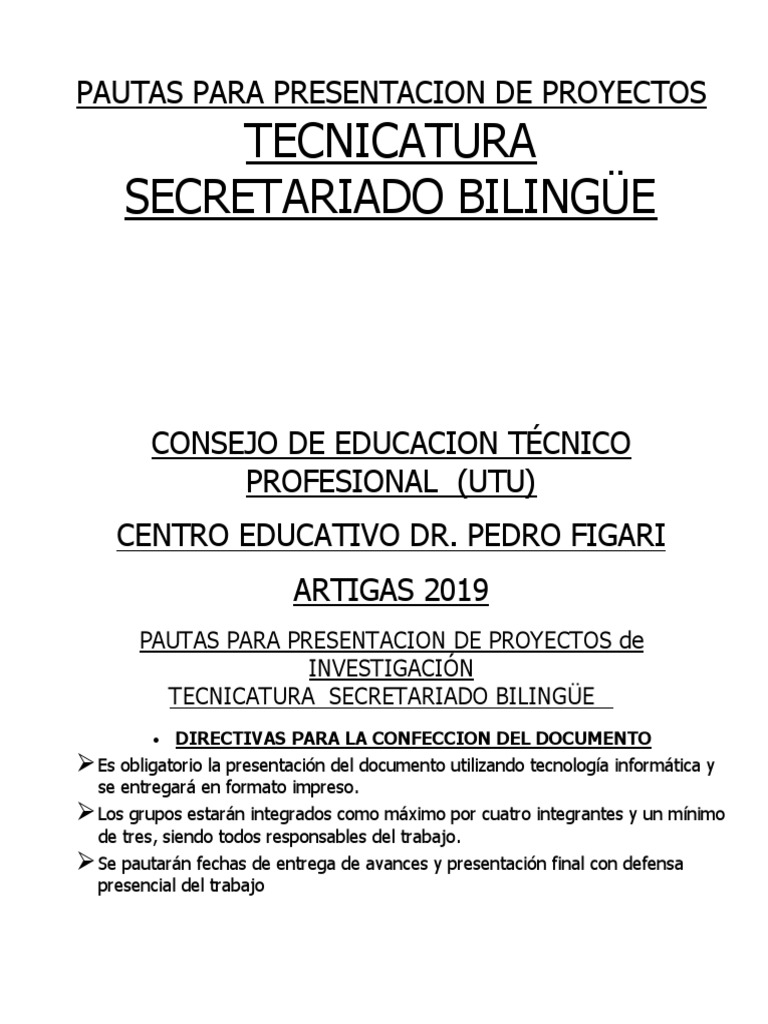 Pautas para Presentacion de Proyectos Secretariado Bilingue - Inv | PDF | Teoría | Cuestionario