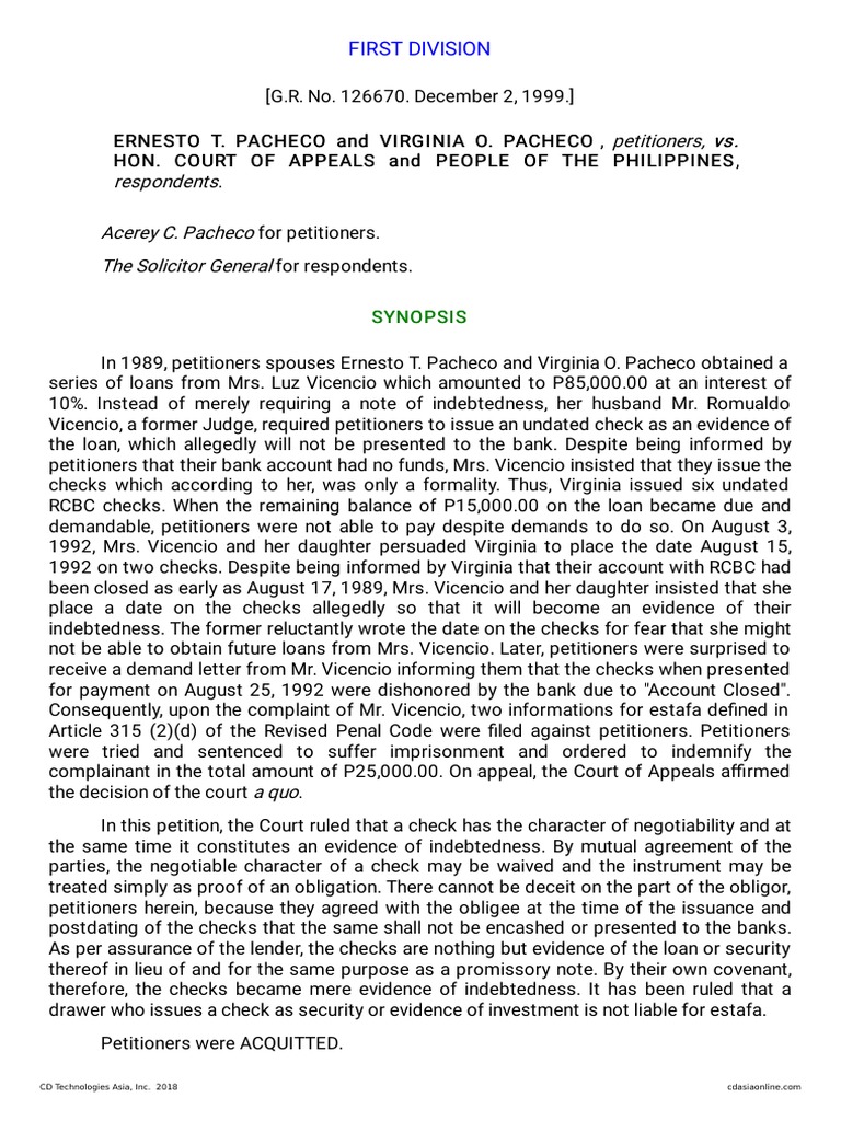 Pacheco v. Court of Appeals | PDF | Cheque | Negotiable Instrument