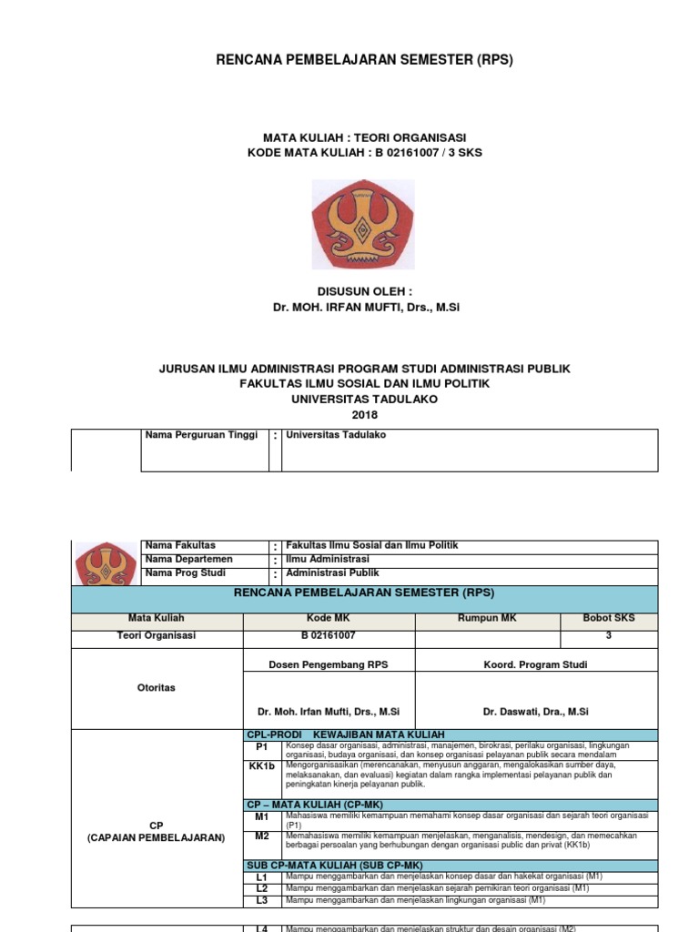 RPS MTK Teori Organisasi | PDF
