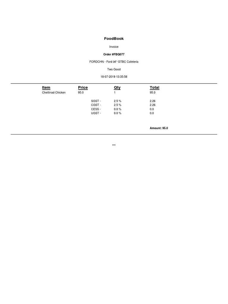 Invoice for Chettinad Chicken order at Ford cafeteria | PDF