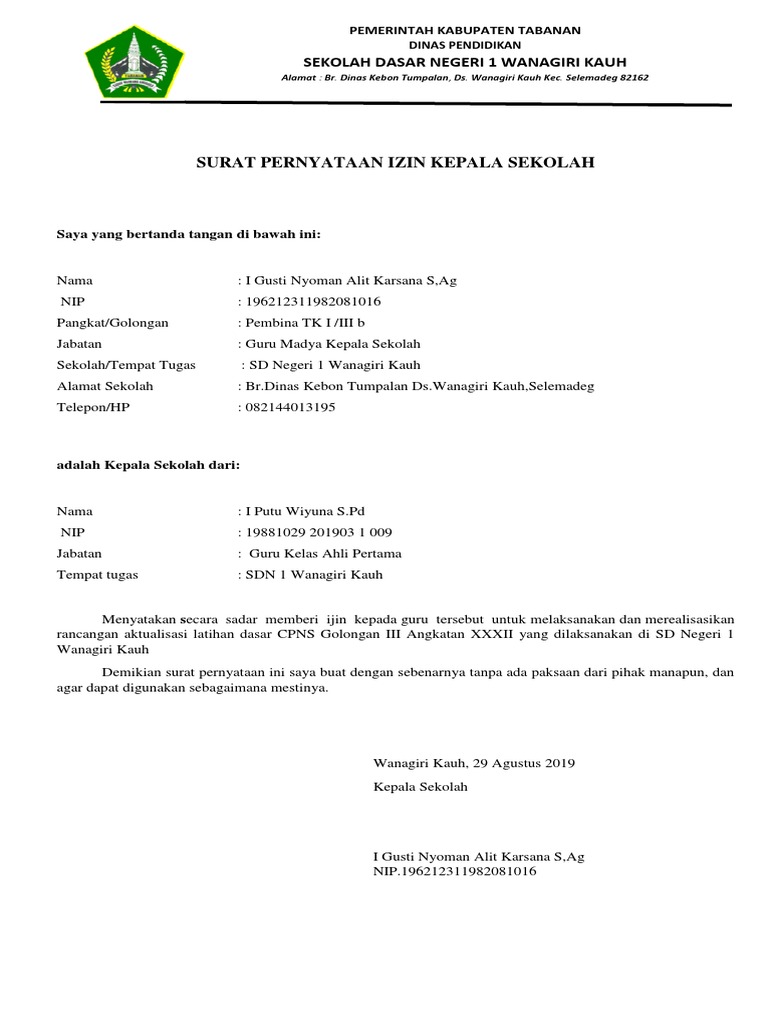 Surat Ijin Kepala Sekolah | PDF