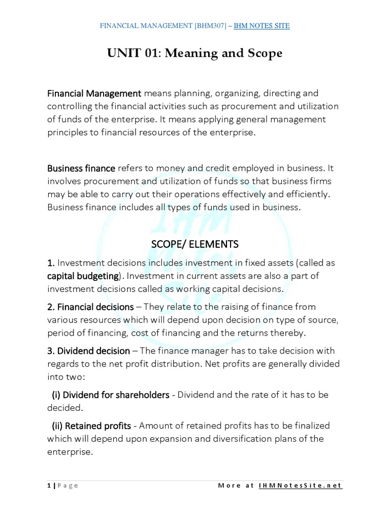 UNIT 01: Meaning and Scope | PDF | Financial Capital | Dividend