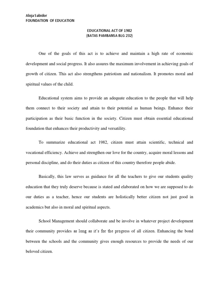 Educational Act of 1982 Strengthens Patriotism and Nationalism | PDF