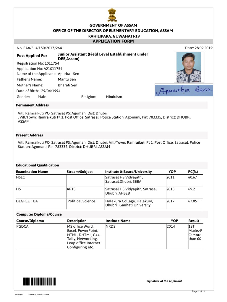 Application Form: Government of Assam Office of The Director of ...