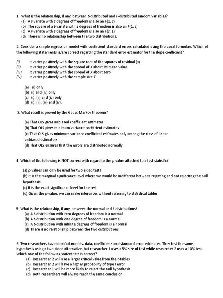 Multiple Choice Sample Questions | PDF | Errors And Residuals | Ordinary Least Squares