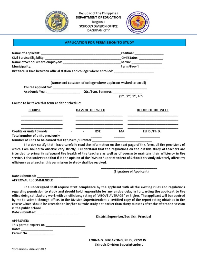 Application For Permission To Study: Region I | PDF | Academic Term ...