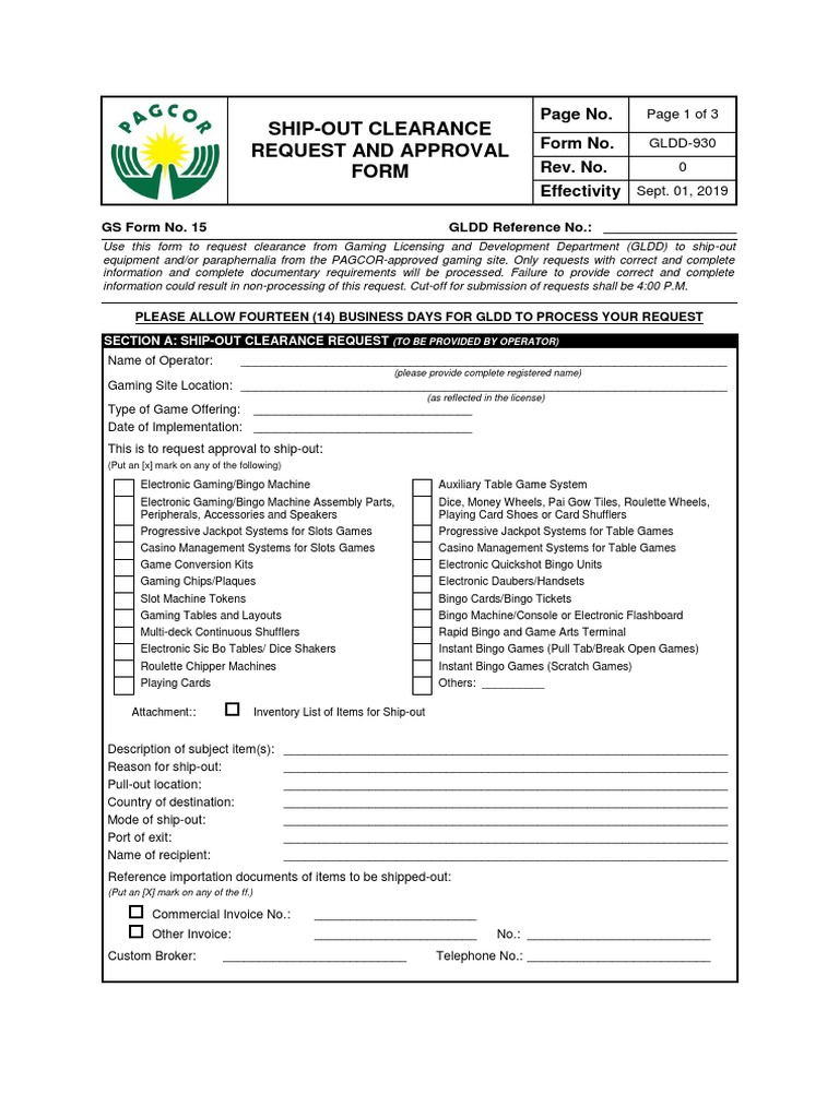 GS Form No. 15 - Ship-Out Clearance Request and Approval Form | PDF ...