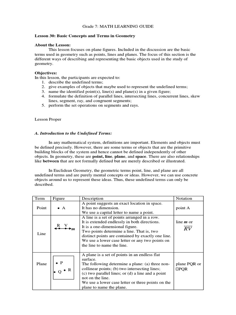 Lesson 30 (Geometry) - Basic Concepts and Terms - LG | PDF