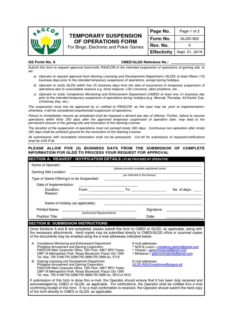 PAGCOR Temporary Suspension Form | PDF | Social Institutions | Social ...