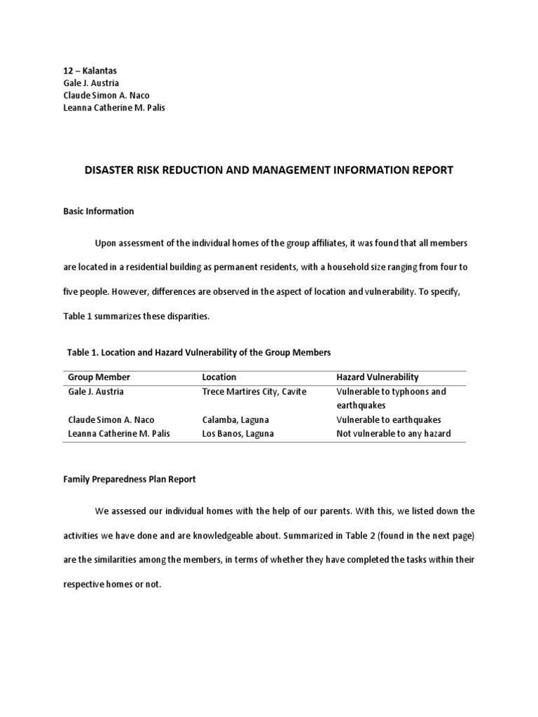 Disaster Risk Reduction and Management Information Report: 12 ...