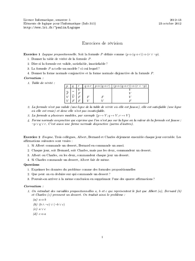 Exercices de logique mathématique corrigés | PDF | Déduction logique ...