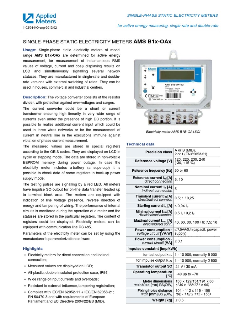 Applied Meters AMS B1x-OAx | PDF | Electricity | Transformer