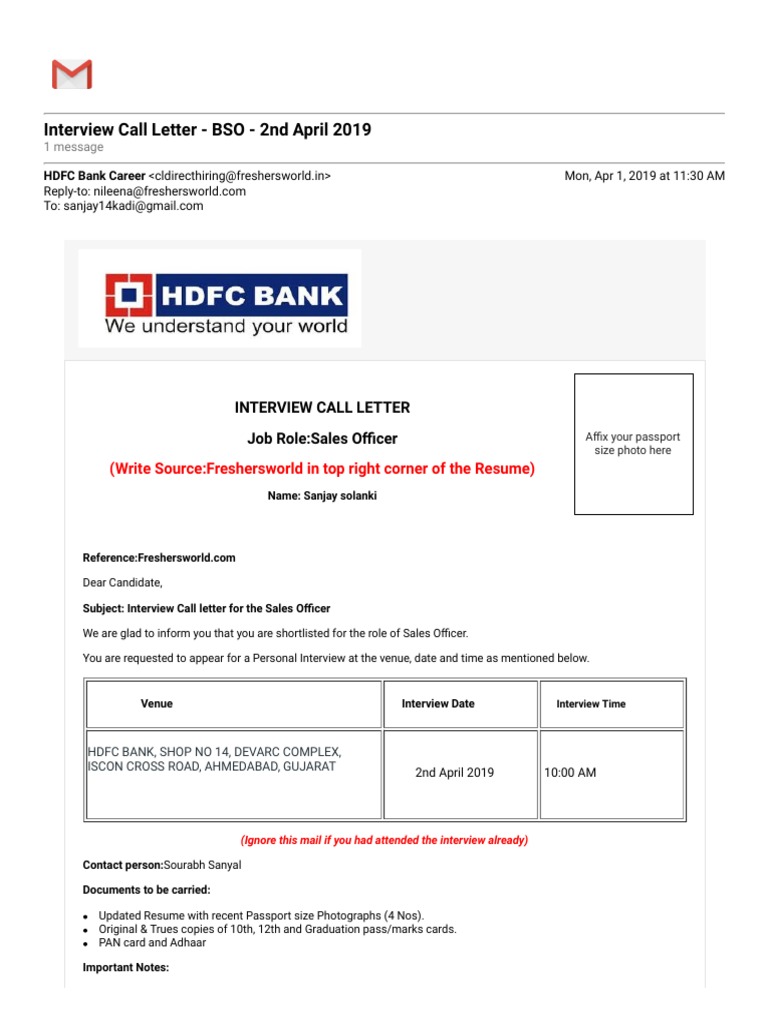 HDFC - Interview Call Letter - BSO - 2nd April 2019 | PDF