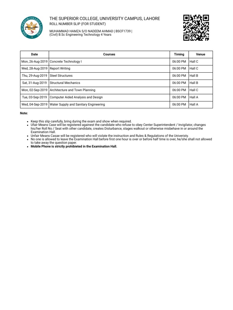 The Superior College, University Campus, Lahore: Roll Number Slip (For ...