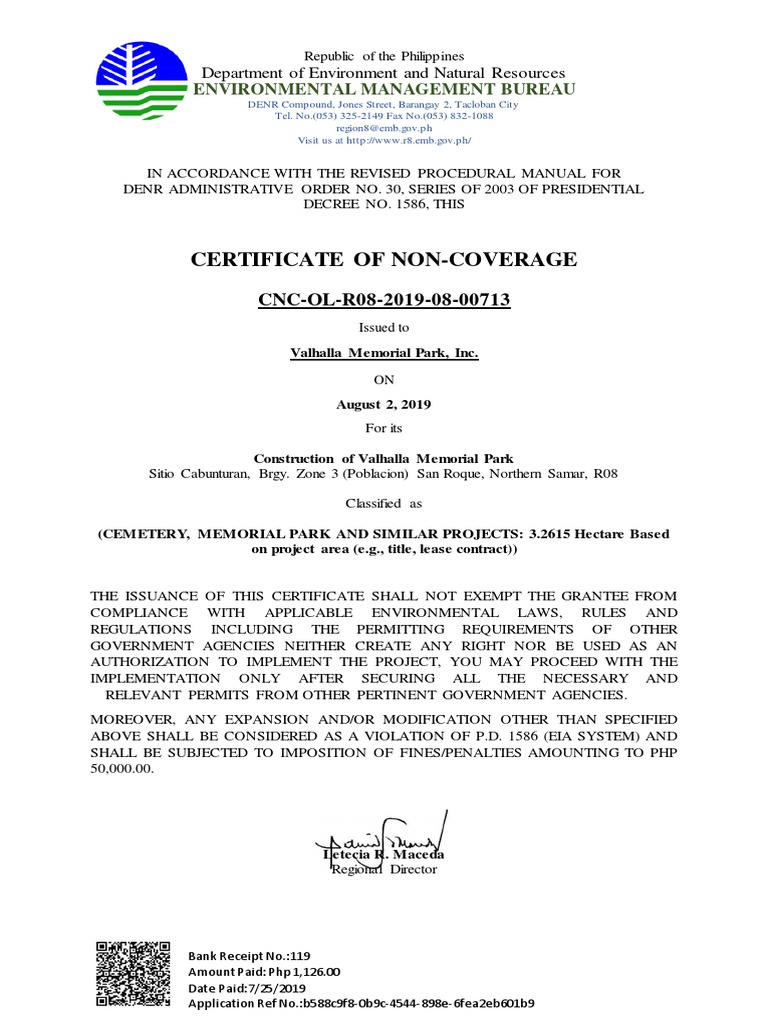 Certificate of Non-Coverage: CNC-OL-R08-2019-08-00713 | PDF | Law ...