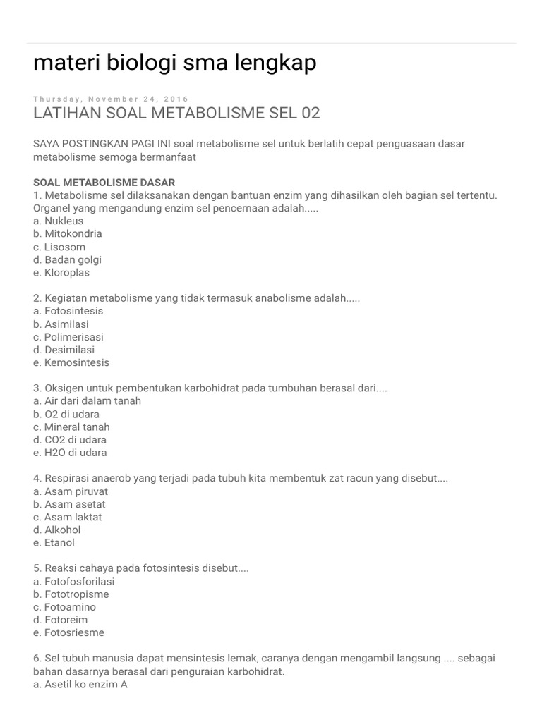 Materi Biologi Sma Lengkap - Latihan Soal Metabolisme Sel 02 | PDF | Sains & Matematika