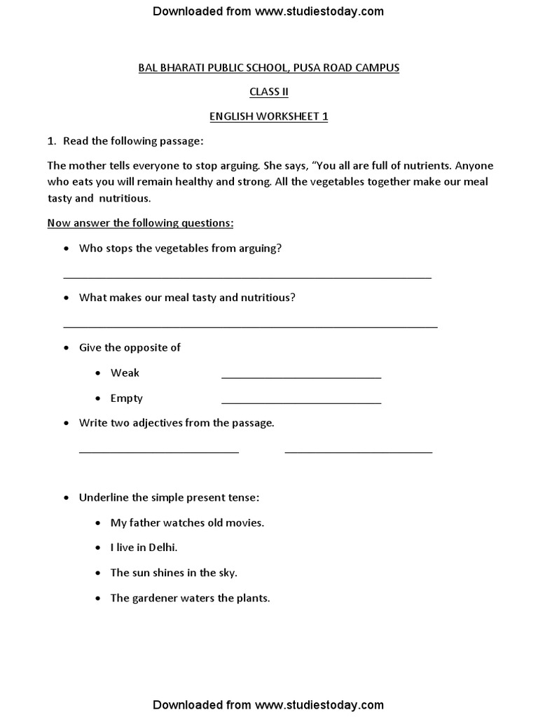 CBSE Class 2 English Practice Worksheet | PDF