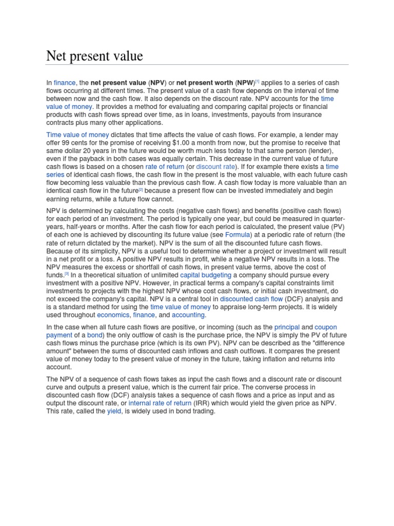 Net Present Value: Finance Time Value of Money | PDF | Net Present ...