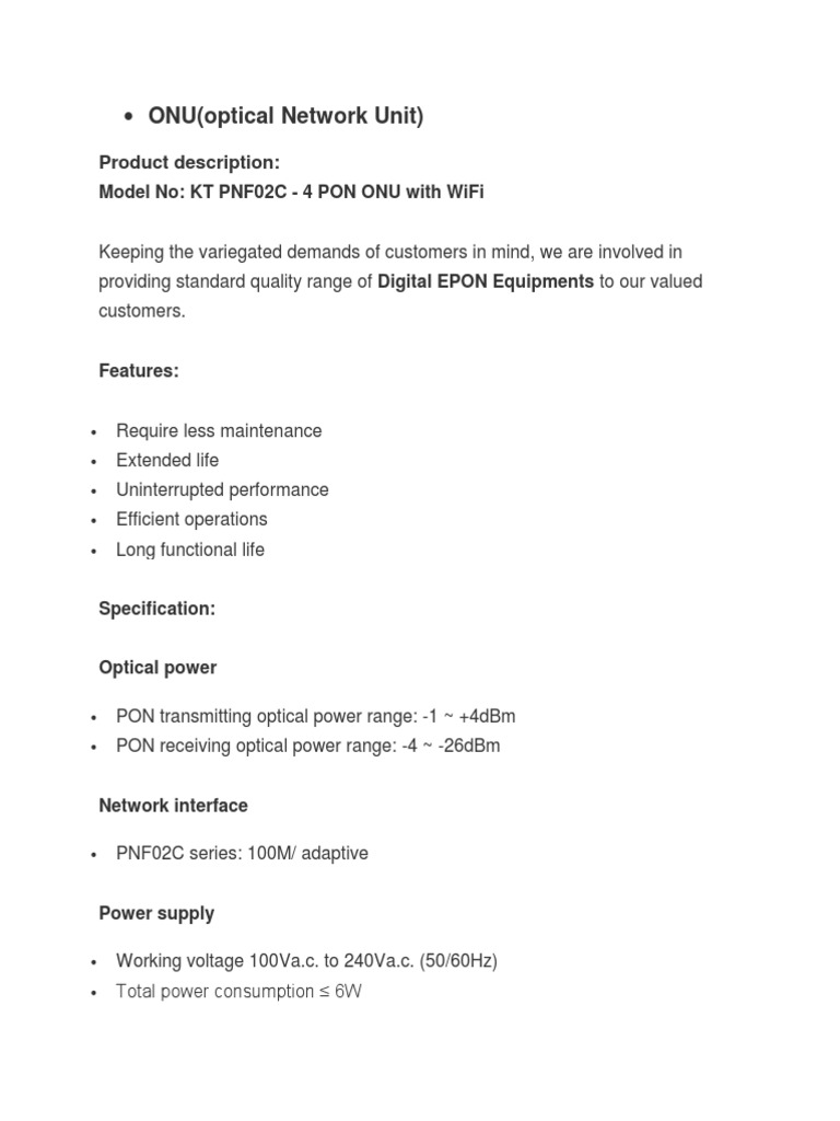 Specifications of Onu | PDF | Optical Fiber | Ethernet