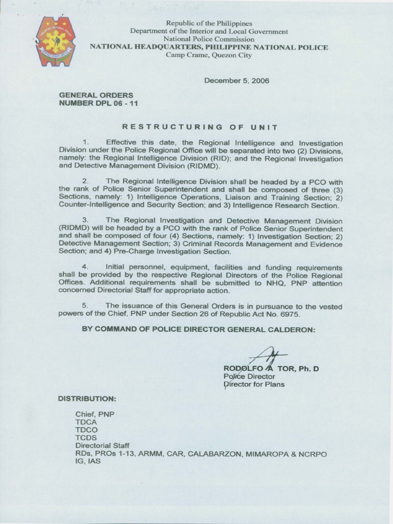 PNP General Orders Number DPL 06-11 Restructuring of Unit | PDF