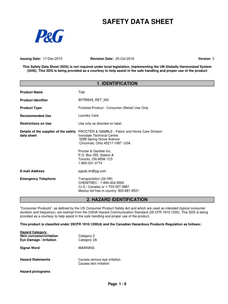 MSDS For Tide Detergent | PDF | Superfund | Occupational Safety And Health