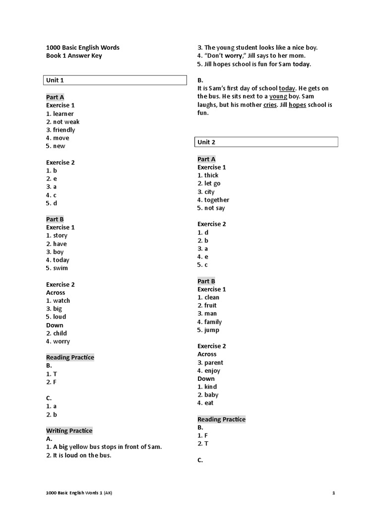1000 Basic English Words 1 Answer Key | PDF | Tea