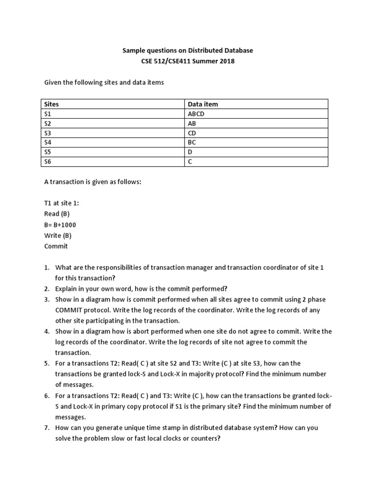 Sample Questions On Distributed Database-1 | Download Free PDF | Database Transaction | Databases