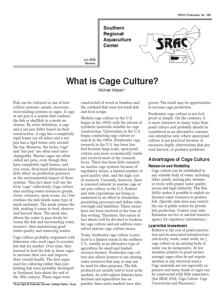 SRAC What Is Cage Culture | PDF | Aquaculture | Fish