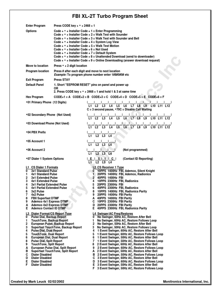 FBI XL-2T Turbo Program Sheet | PDF | Manufactured Goods