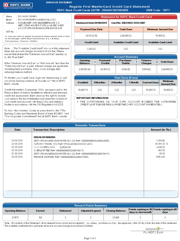 HDFC Bank Credit Cards GSTIN: 33AAACH2702H2Z6 HSN Code - 9971 | PDF ...
