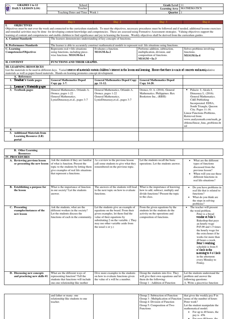 DLL Gen Math Week 1 | PDF | Function (Mathematics) | Equations