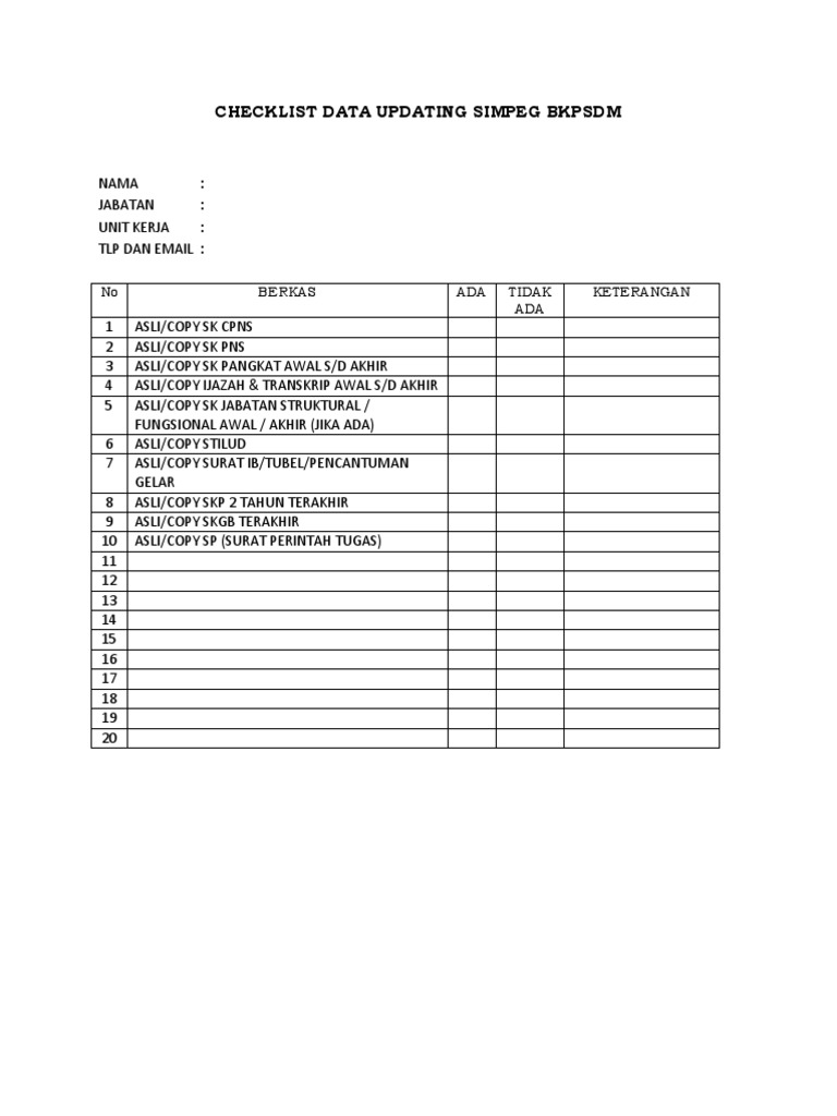 Checklist Data Updating Simpeg BKPSDM | PDF | Komputer | Teknologi & Rekayasa