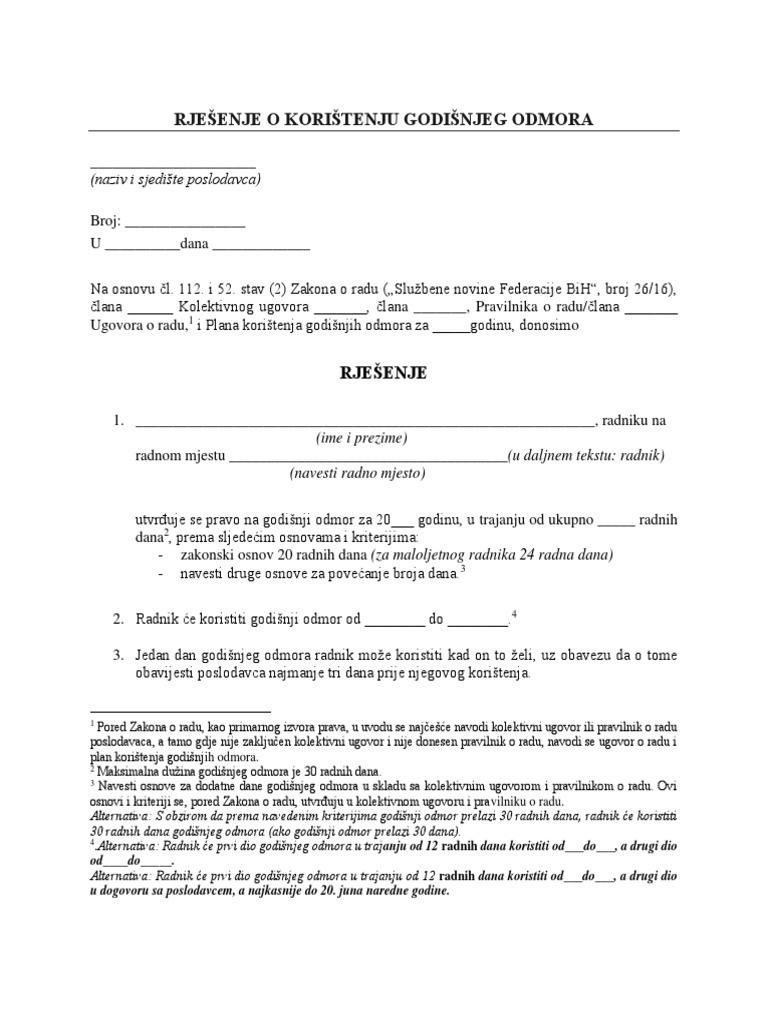 Urnek Rješenje o Korištenju Godišnjeg Odmora | PDF