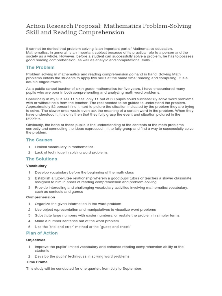 Action Research Proposal: Mathematics Problem-Solving Skill and Reading ...