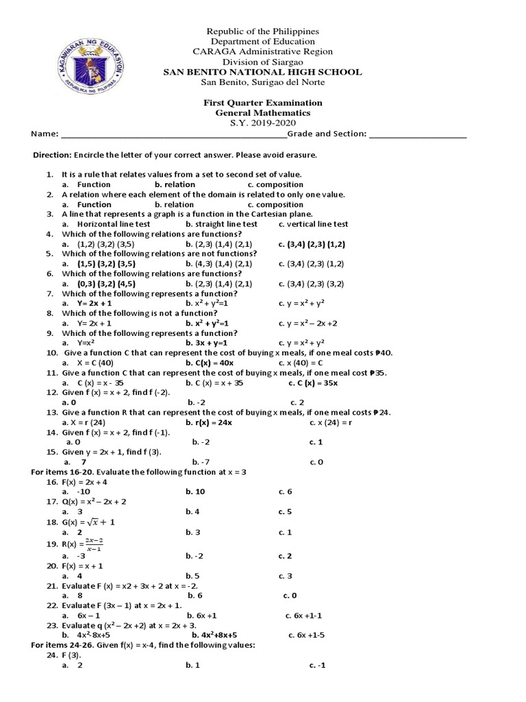 Gen. Math 1st Quarter Exam | PDF | Function (Mathematics) | Mathematical Concepts