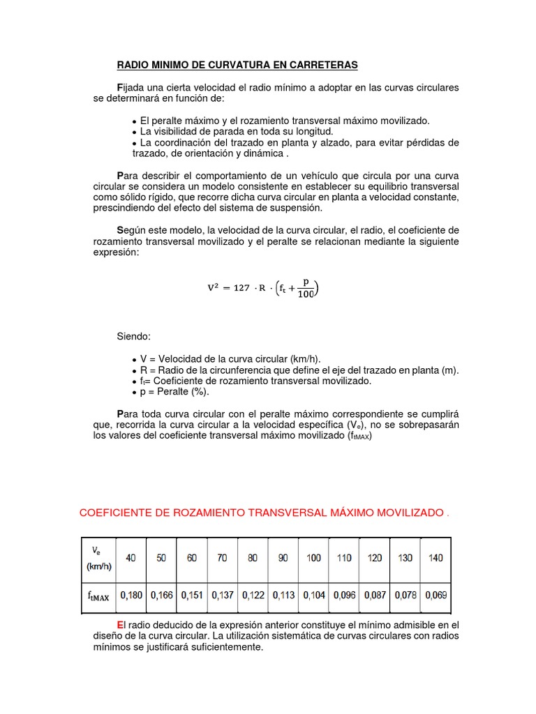 Radio Minimo de Curvatura en Carreteras | PDF