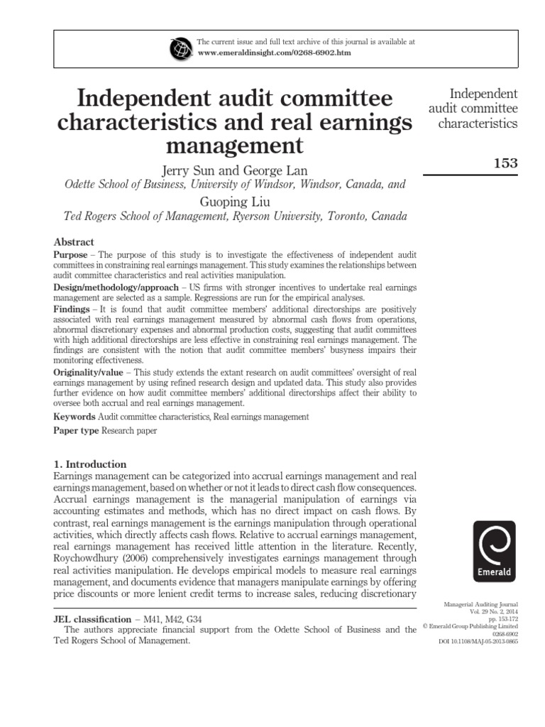 Independent Audit Committee Characteristics and Real Earnings ...
