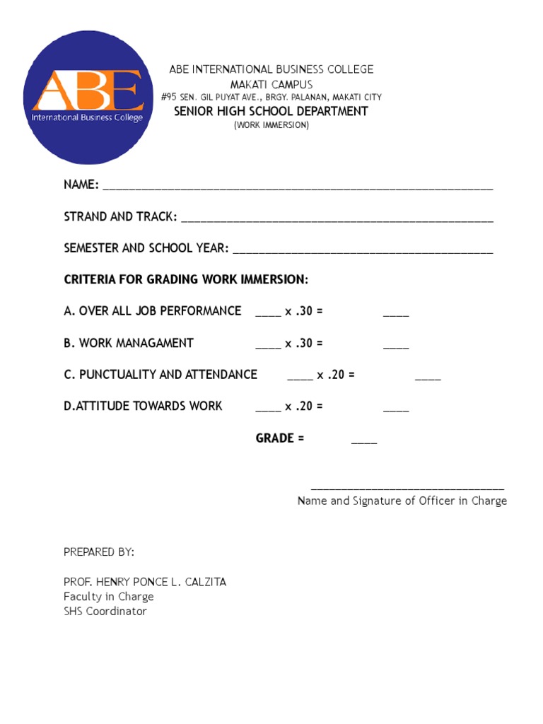 Work Immersion Grading Criteria Form | PDF