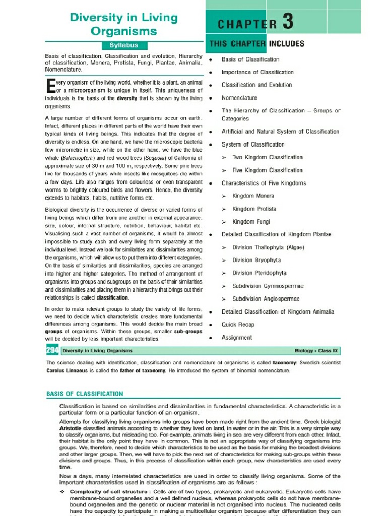 Class 9 Biology Chapter 3 Diversity in Living Organisms PDF | PDF