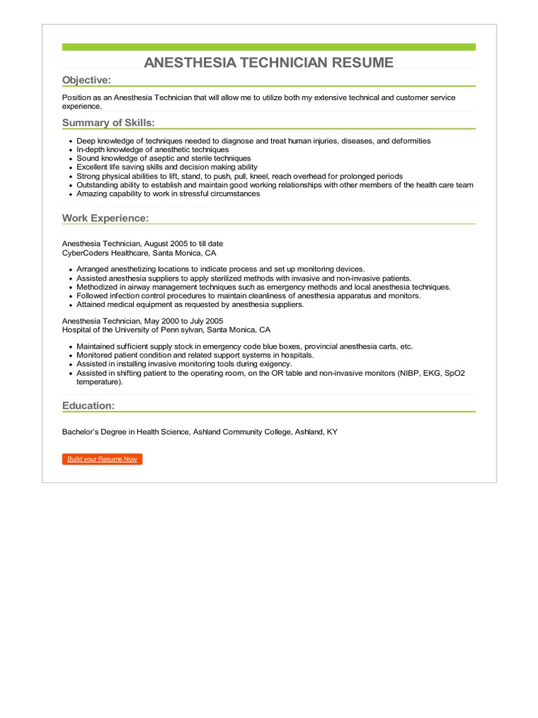 Anesthesia Technician Resume: Objective | PDF