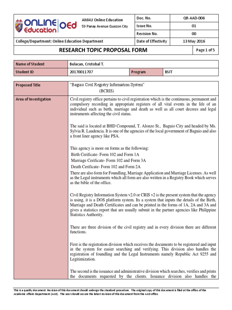 Research Topic Proposal Form: 59 Panay Avenue Quezon City | PDF ...
