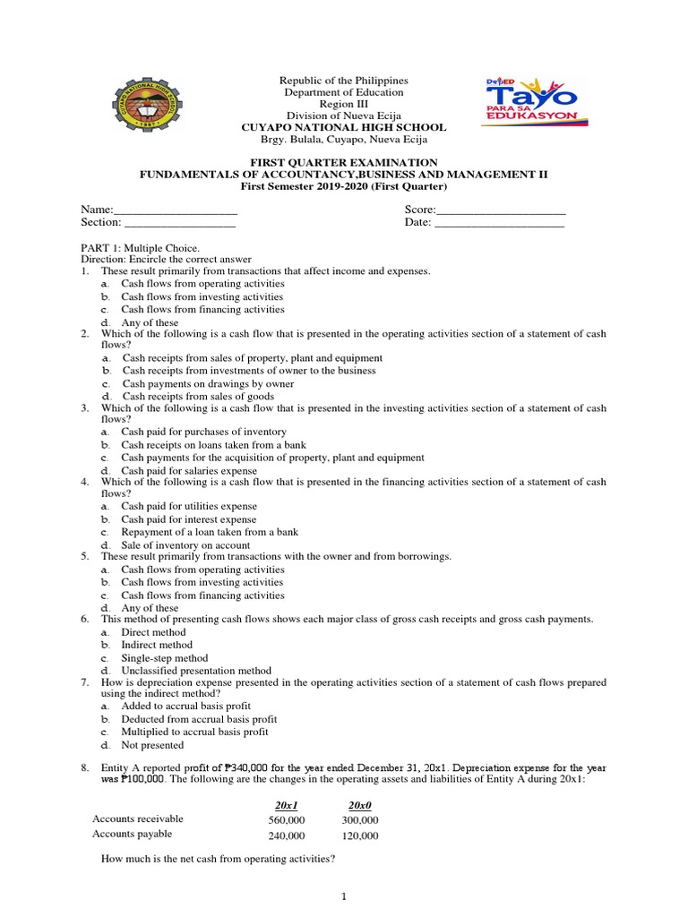 First Quarter Examination-FABM2 | PDF | Cash Flow Statement | Revenue