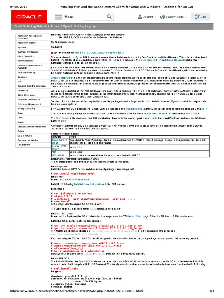 Installing PHP and The Oracle Instant Client For Linux and Windows - Updated For DB 12c | PDF ...