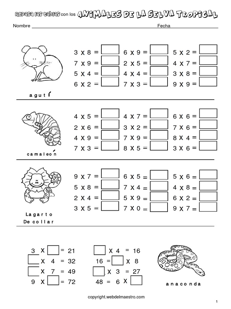 Ejercicios de Tablas de Multiplicar | Naturaleza